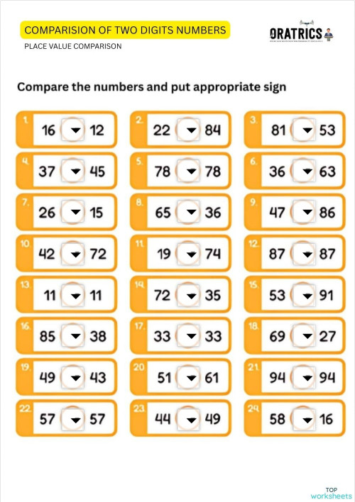 COMPARISION OF TWO DIGITS NUMBERS 4. Interactive worksheet | TopWorksheets