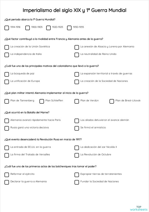 1ª Guerra Mundial y Revolución Rusa. Ficha interactiva | TopWorksheets