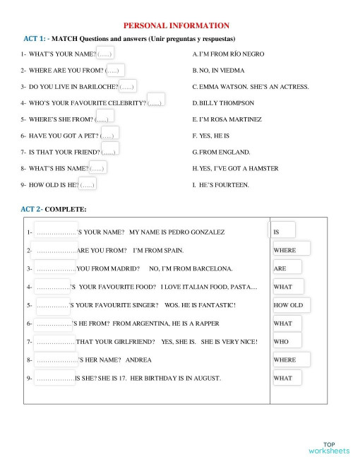PERSONAL INFORMATION 1. Interactive worksheet | TopWorksheets