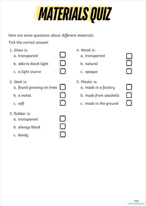 Chemical Science - Materials Quiz. Interactive worksheet | TopWorksheets