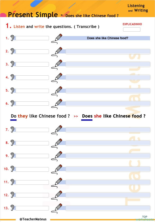 220 - PRESENT SIMPLE - Does she like Chinese food ? - Writing Listening ...