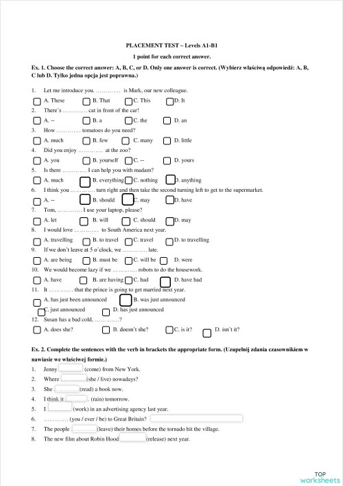 PLACEMENT TEST A1-A2-B1. Ficha interactiva | TopWorksheets