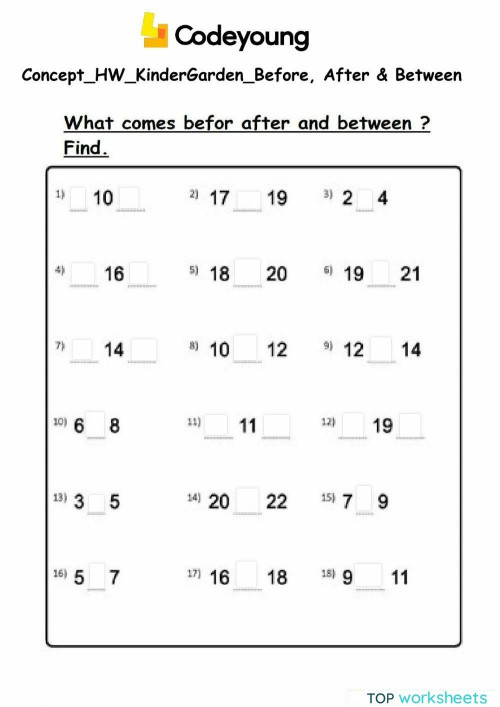 Before after between exercise. Interactive worksheet | TopWorksheets