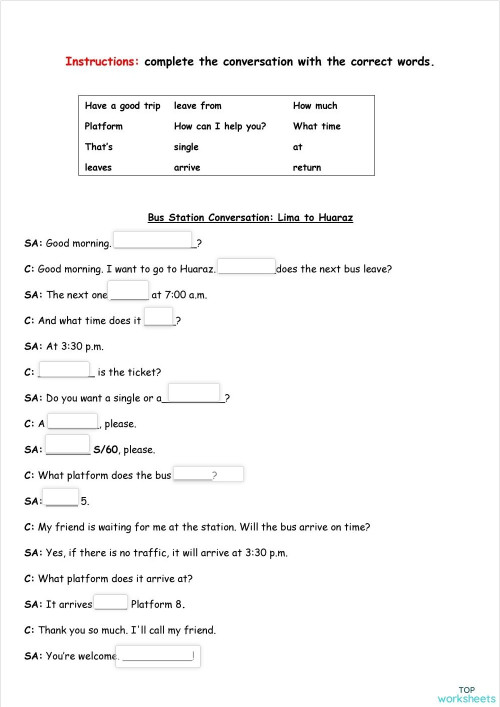 Bus Station Conversation. Interactive worksheet | TopWorksheets