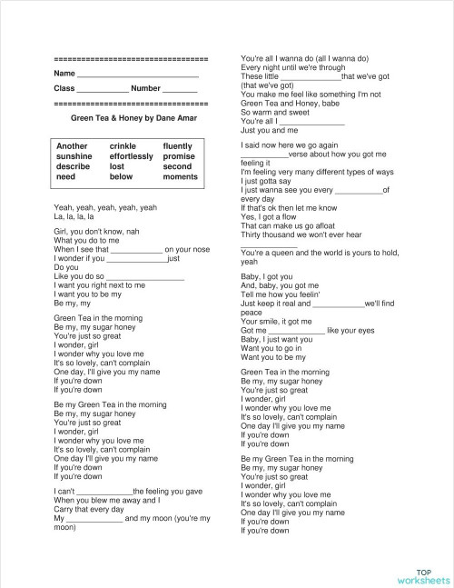 Fill in the blanks: Lyrics. Interactive worksheet | TopWorksheets