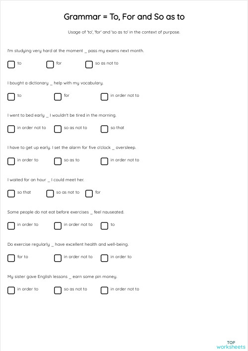 Grammar = To, For and So as to. Interactive worksheet | TopWorksheets