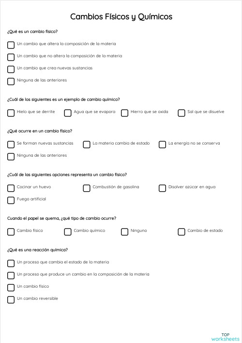 Cambios Físicos y Químicos. Ficha interactiva | TopWorksheets