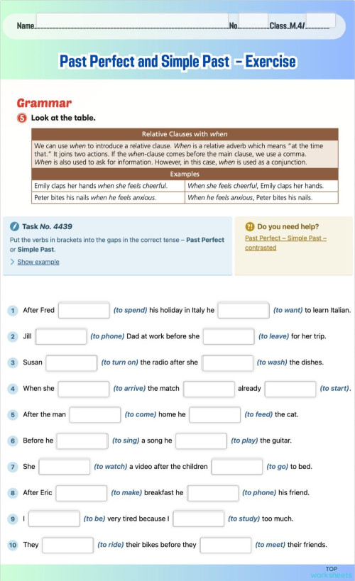 Worksheetonline 2: Past Perfect and Simple Past Term 2 ใบงานเชิงโต้ตอบ ...