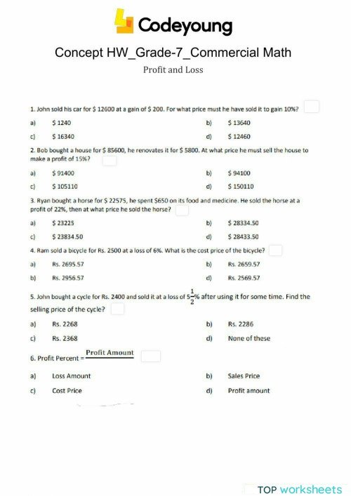 Profit and Loss Concept HW. Interactive worksheet | TopWorksheets