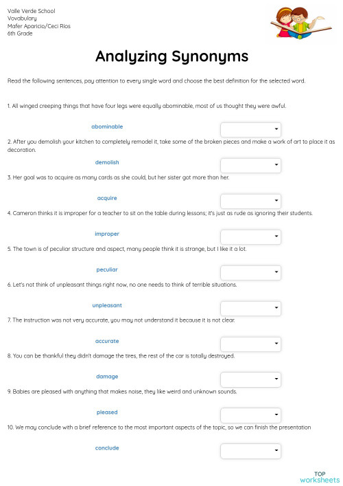 Analyzing Synonyms. Interactive worksheet | TopWorksheets