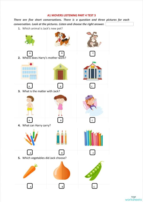 A1 Movers Listening Part 4 Test 2. Interactive worksheet | TopWorksheets