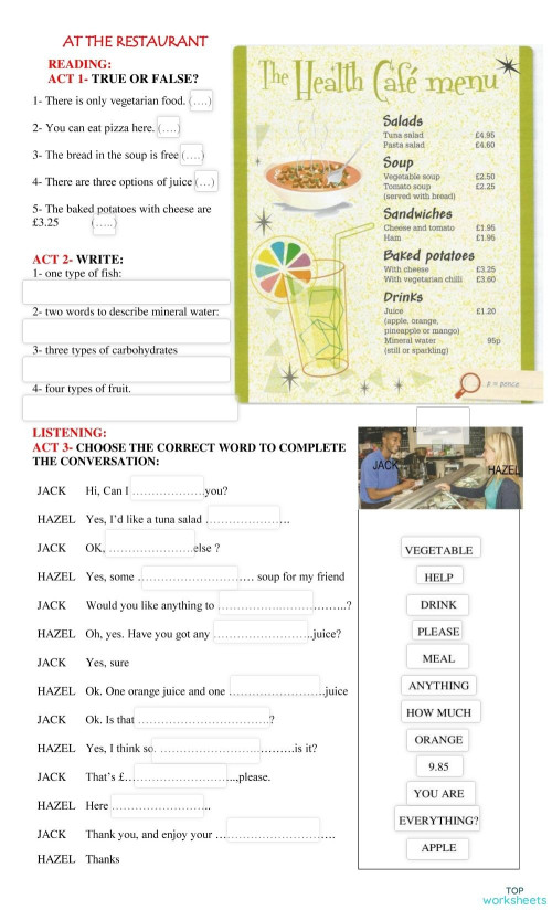 At a fast food restaurant (Basic). Interactive worksheet | TopWorksheets