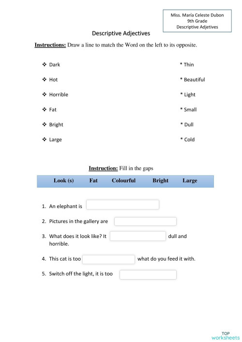 Descriptive Adjetives-María Celeste. Interactive worksheet | TopWorksheets