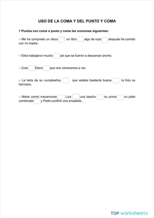 Uso de la coma y del punto y coma. Ficha interactiva | TopWorksheets