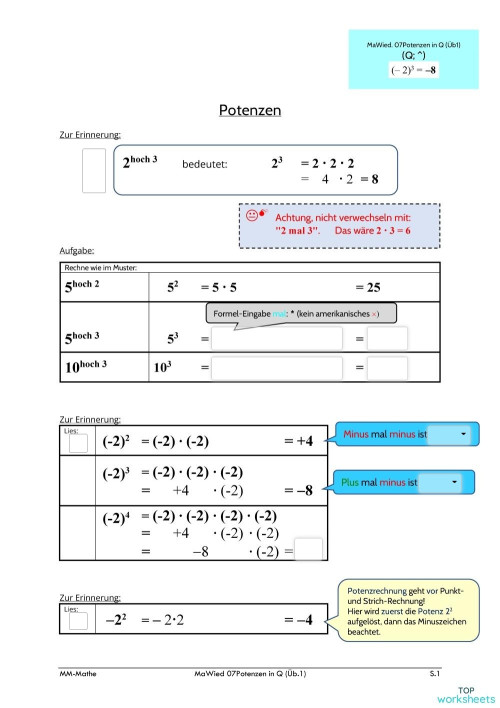 Potenzen: interaktive Arbeitsblätter und Online-Übungen | TopWorksheets