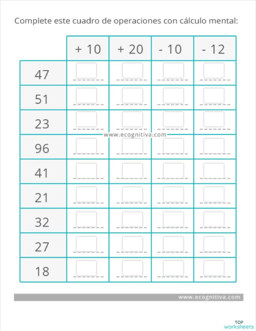 Cálculo mental sumas y restas. Ficha interactiva | TopWorksheets