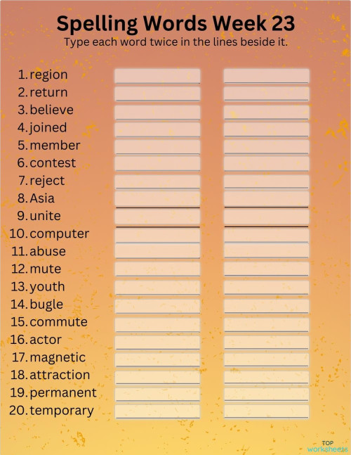 Spelling Words Week 23.1. Interactive worksheet | TopWorksheets
