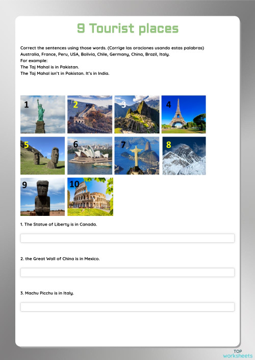 9 Tourist places. Interactive worksheet | TopWorksheets