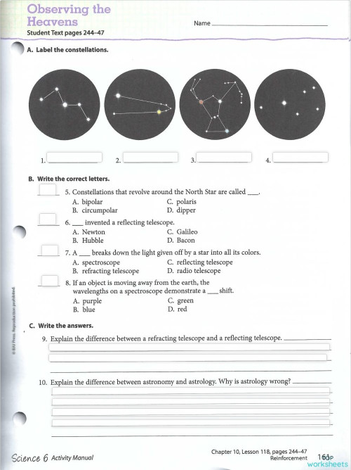 High School Astronomy Worksheets