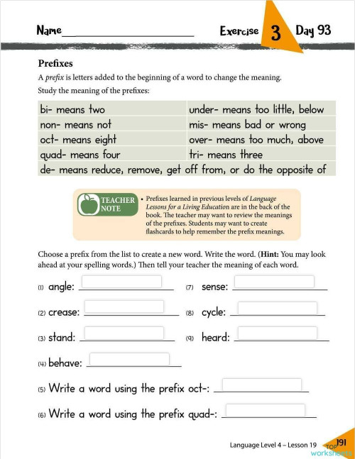 Lesson 19: Prefixes Pg 191 Ex 3. Interactive worksheet | TopWorksheets