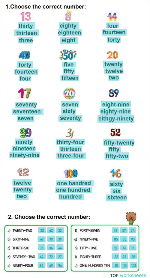 En3-Numbers-100. Interactive worksheet | TopWorksheets