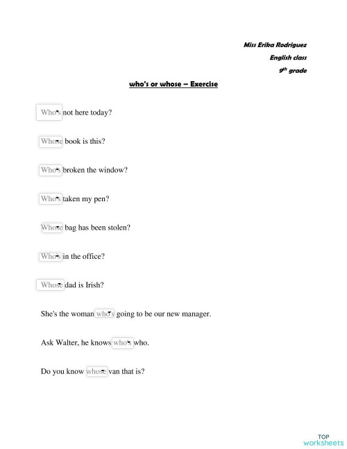 Whose and who's. Interactive worksheet | TopWorksheets