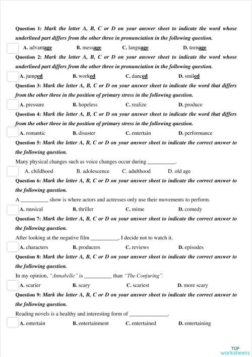 Mark the letter A, B, C, or D to indicate the word whose underlined part differs in pronunciation