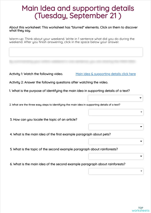 Main Idea and supporting details (Tuesday, September 21 ). Interactive ...