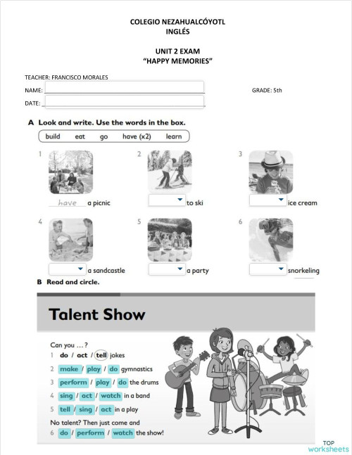 5th Grade Unit 2 Exam. Ficha interactiva | TopWorksheets