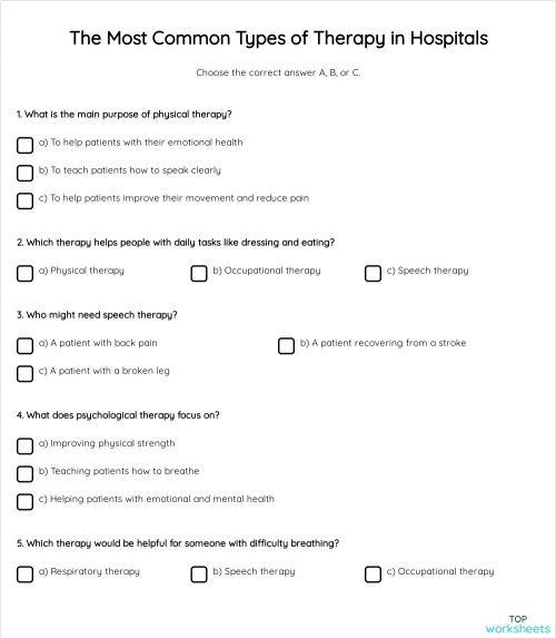 The Most Common Types of Therapy in Hospitals. Interactive worksheet ...