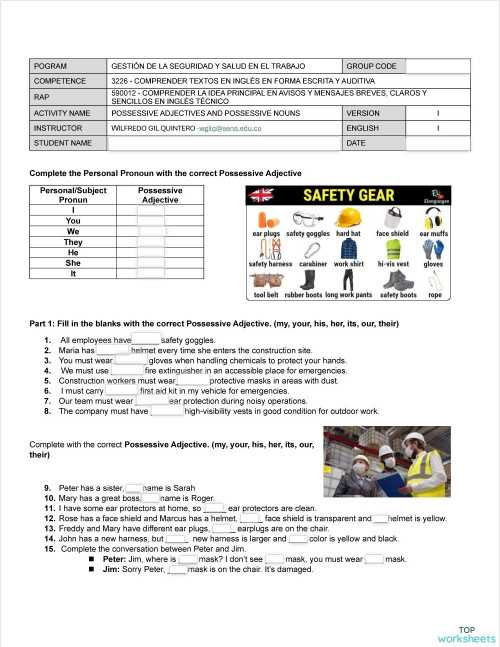 Possessive Adjectives & Nouns_Safety. Interactive worksheet | TopWorksheets