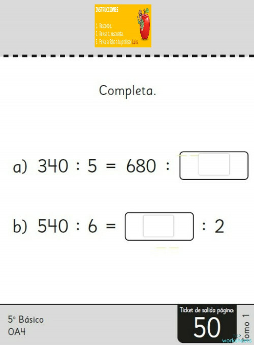 Ticket de salida: matemática 5b-50. Ficha interactiva | TopWorksheets
