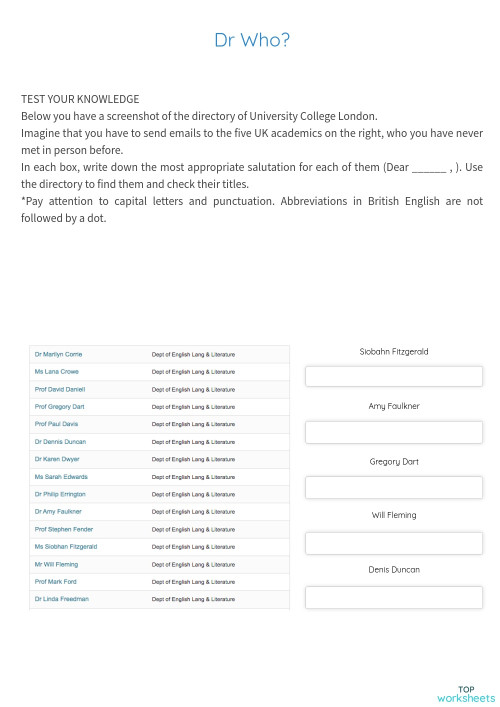Dr Who? Addressing academics. Interactive worksheet | TopWorksheets