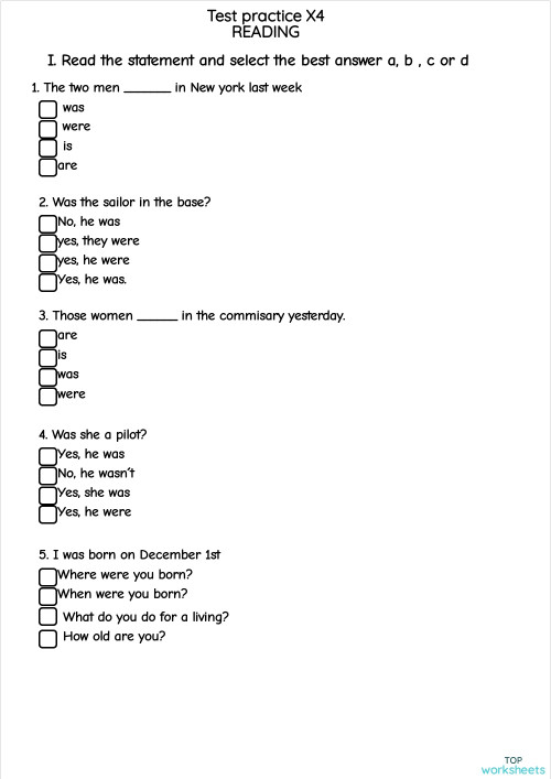 Test practice READING X4. Ficha interactiva | TopWorksheets