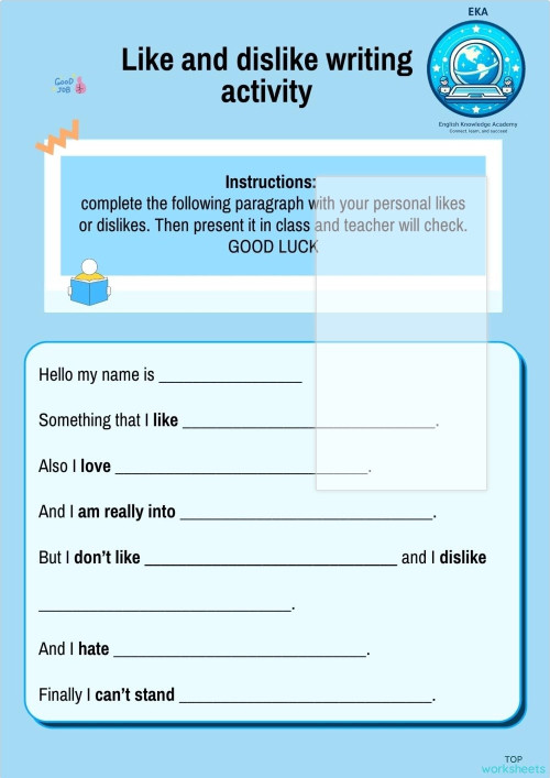 Like and dislike writing activity. Interactive worksheet | TopWorksheets