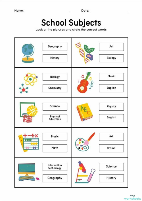 White Colorful Fun School Subjects Vocabulary Worksheet. Interactive ...