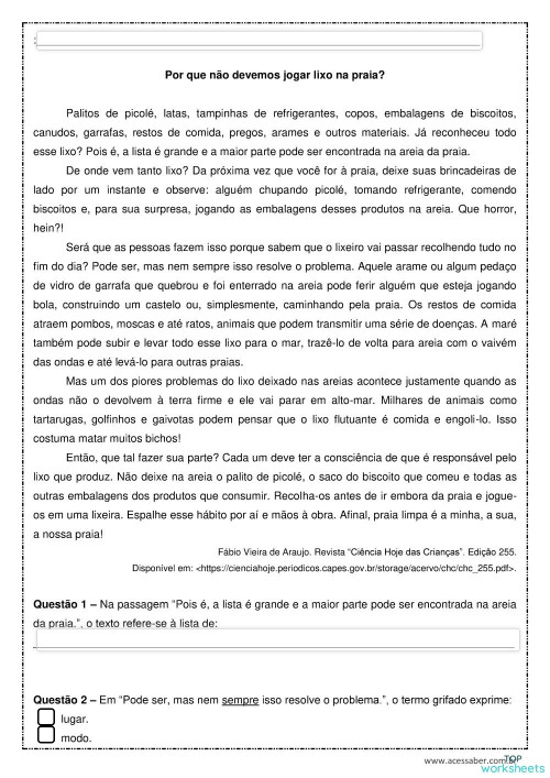 ATividades de interpretação de texto 7 ano. Ficha interativa ...