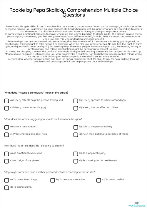 Rookie by Pepa Skalicky, Comprehension Multiple Choice Questions ...