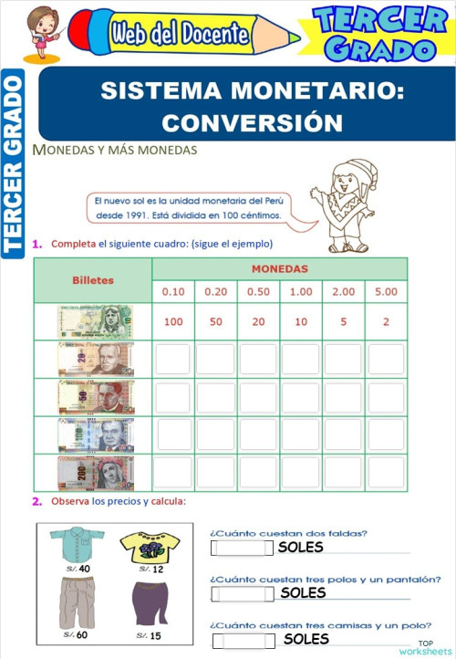 Los euros - monedas y billetes. Ficha interactiva | TopWorksheets