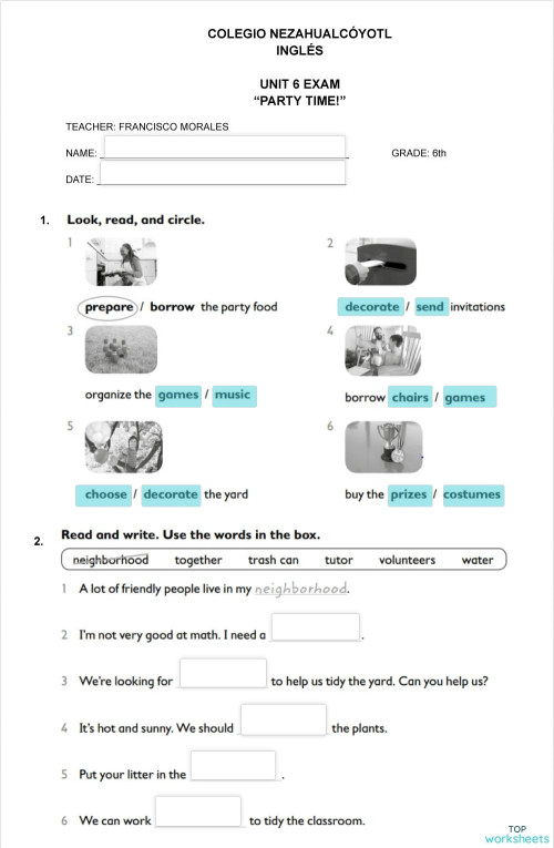 6TH GRADE UNIT 6 EXAM. Ficha interactiva | TopWorksheets