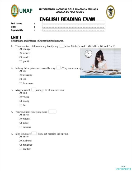 ENGLISH READING EXAM-BOOK2 UNIT I-2-3. Interactive worksheet | TopWorksheets