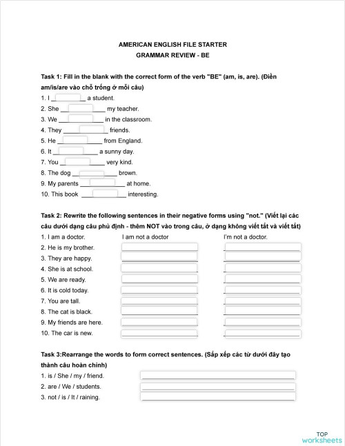 AEF Starter - Grammar - BE. Interactive worksheet | TopWorksheets