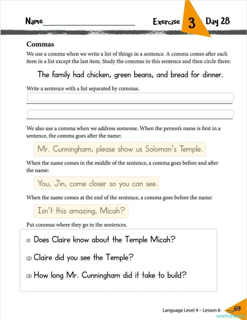 Lesson 6: Commas Pg 69 Ex 3. Interactive worksheet | TopWorksheets