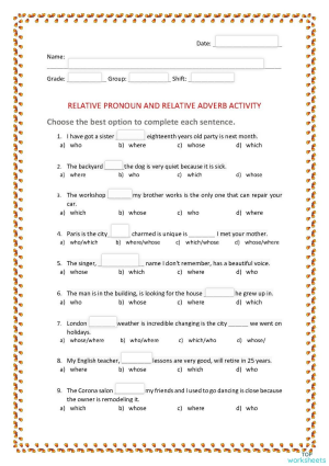 Relative Pronoun and Relative Adverb. Interactive worksheet | TopWorksheets