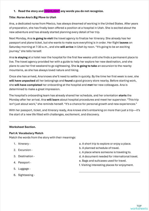 Reading Comprehension Travel Vocab. Interactive worksheet | TopWorksheets
