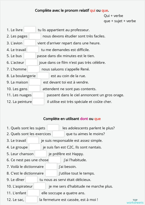 COmplétez avec un pronom relatif. Fiche interactive | TopWorksheets