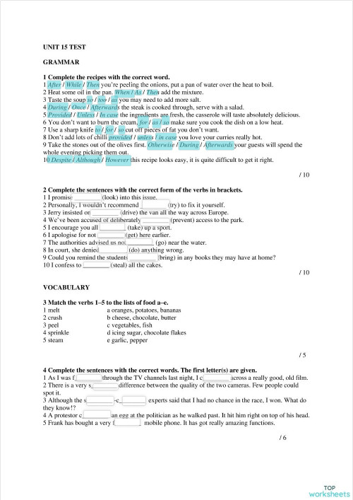 Quiz food and cooking u15. Interactive worksheet | TopWorksheets