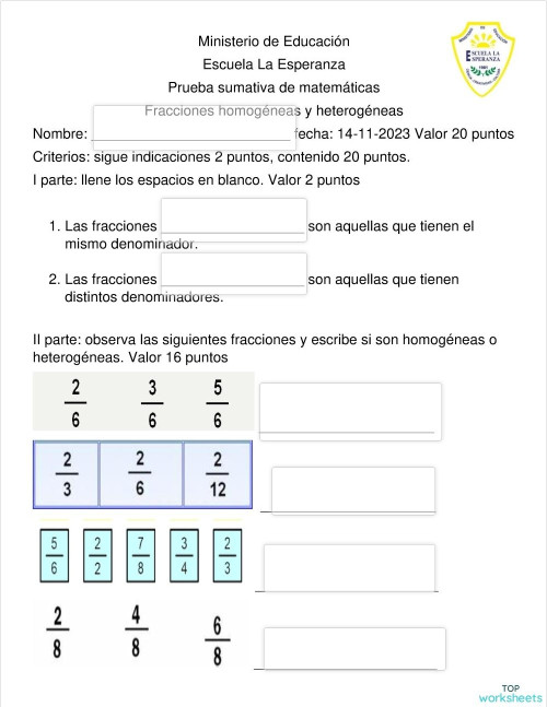 Prueba Fracciones homogéneas y heterogéneas. Ficha interactiva ...