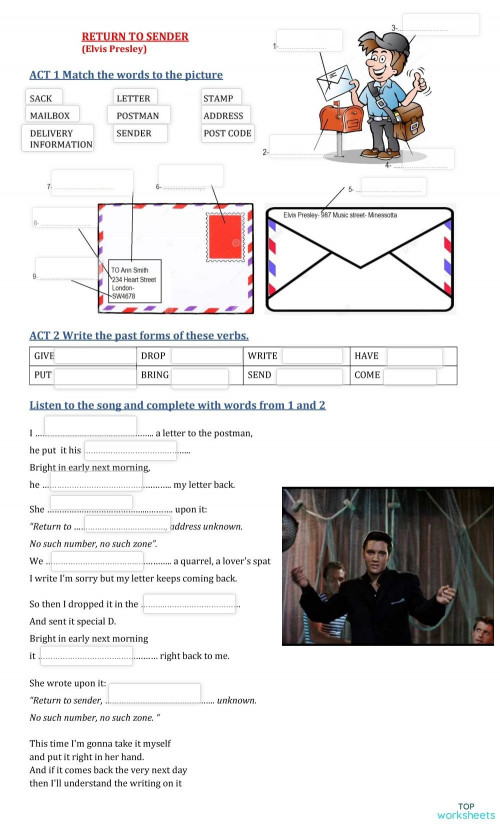 return to sender- song. Interactive worksheet | TopWorksheets