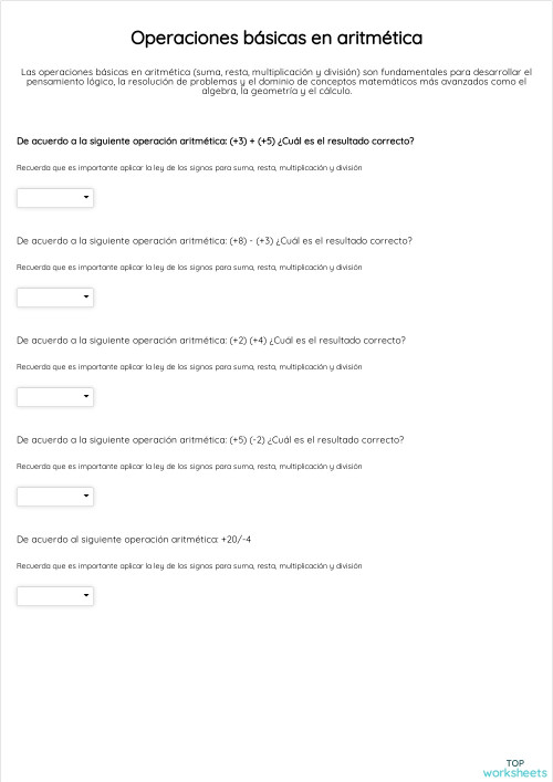 Operaciones básicas de aritmética (ley de los signos): fichas ...